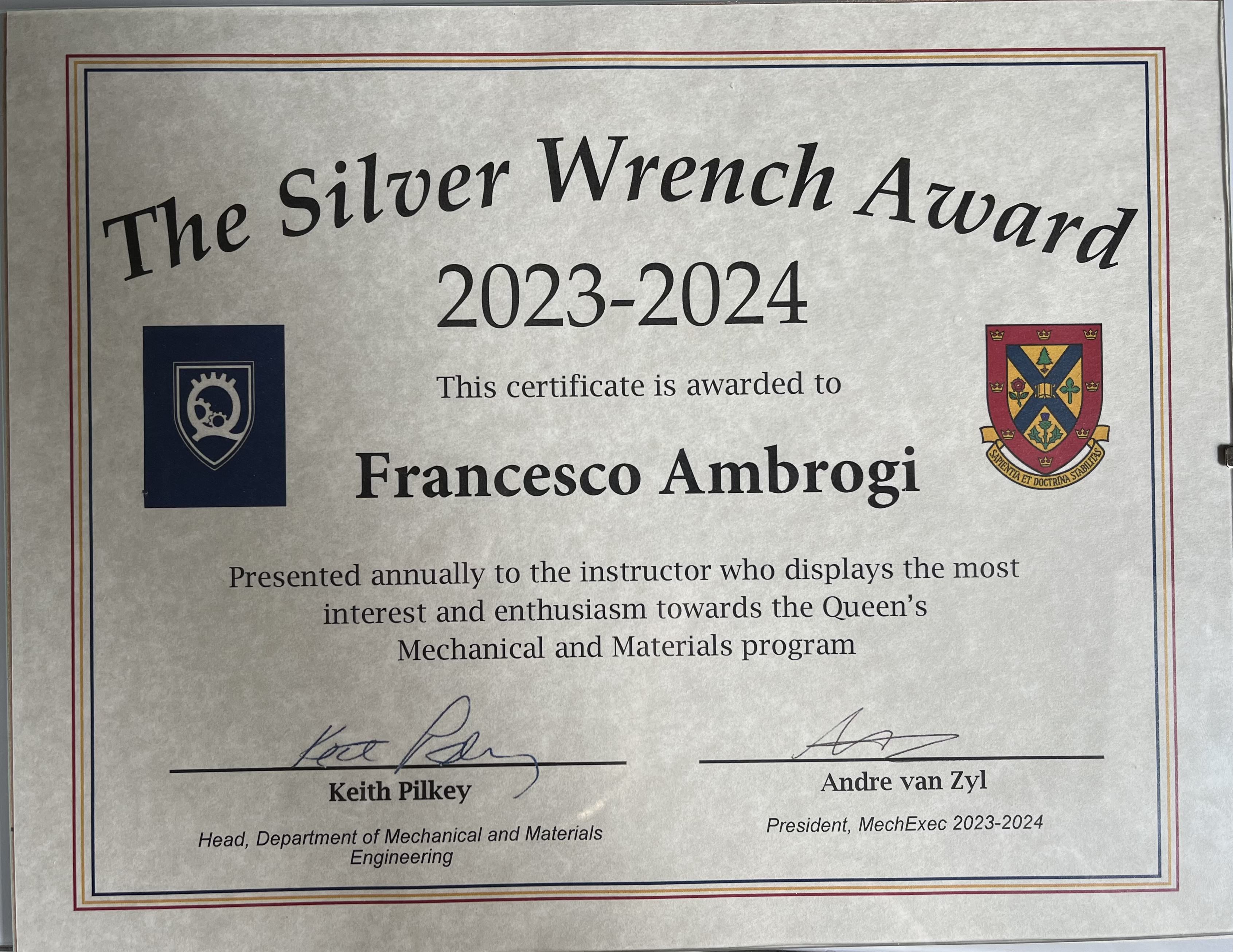 I was awarded the 2024 Silver Wrench Award by the MME Department. | Dr. Ambrogi